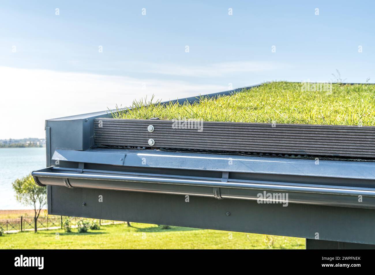 Guest house with metal standing seam facade and lawn on flat roof on ...