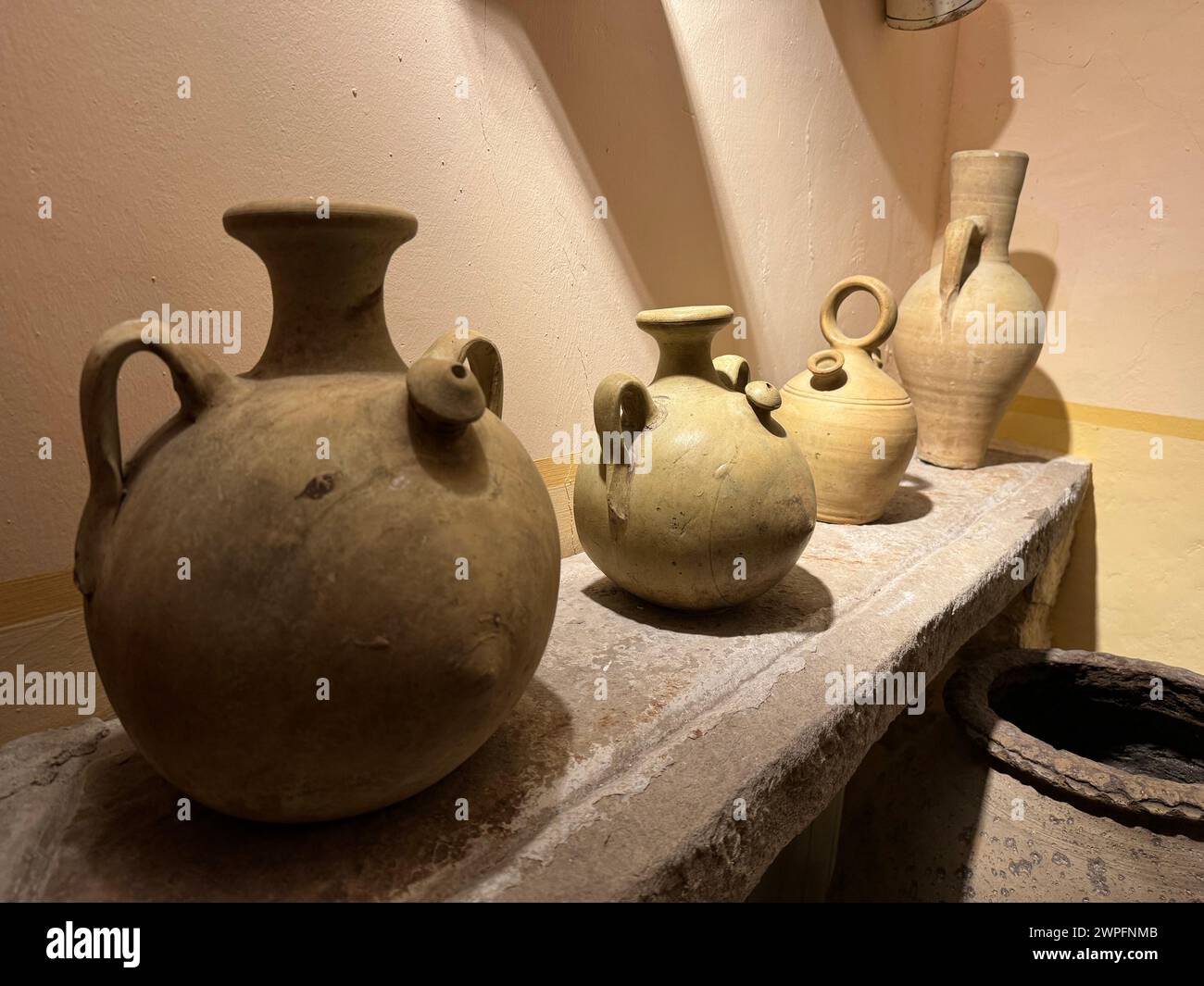 Four different clay jugs called botijo in spanish. A traditional mud ...