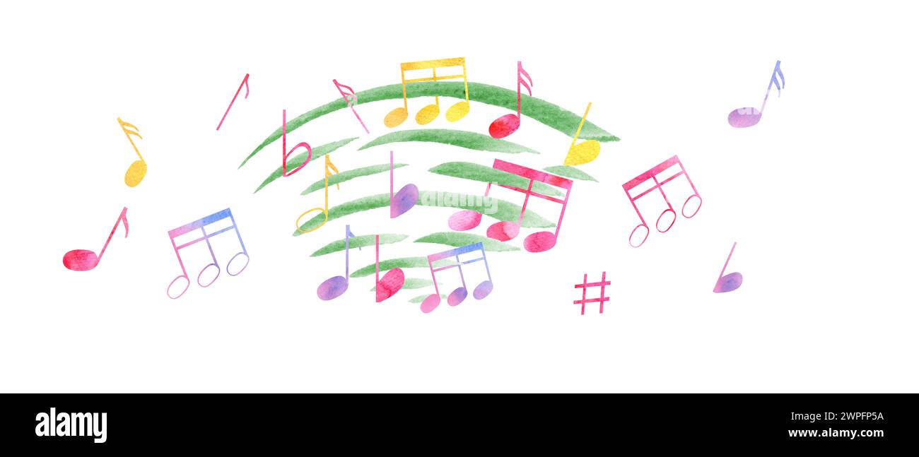 Composition with multicolored music notes. Notes flying through the ...