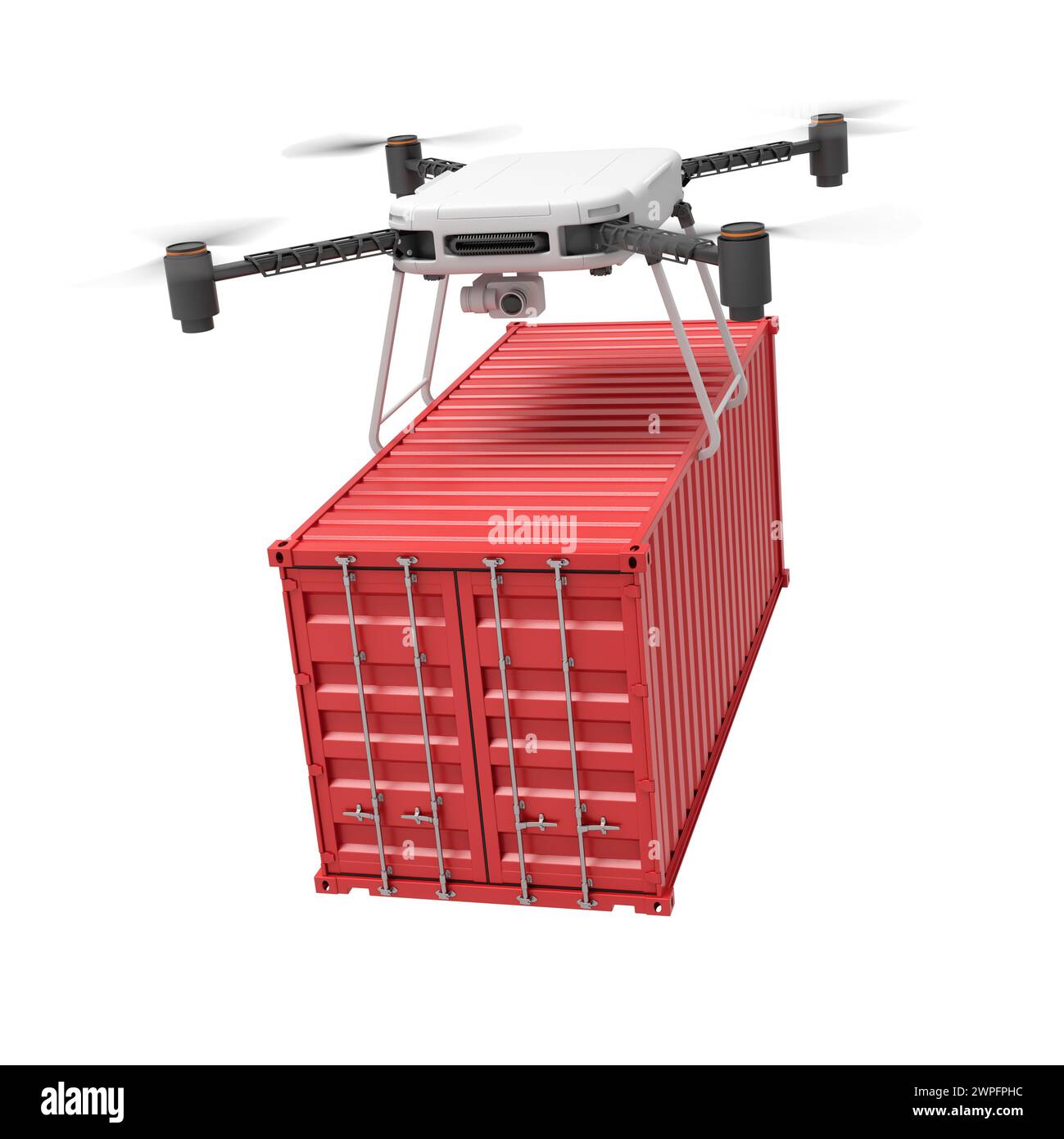 3d rendering of drone lifting red shipping container isolated on white ...