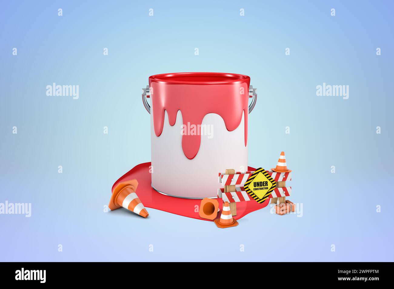Paint can with red spill and under construction sign Stock Photo - Alamy