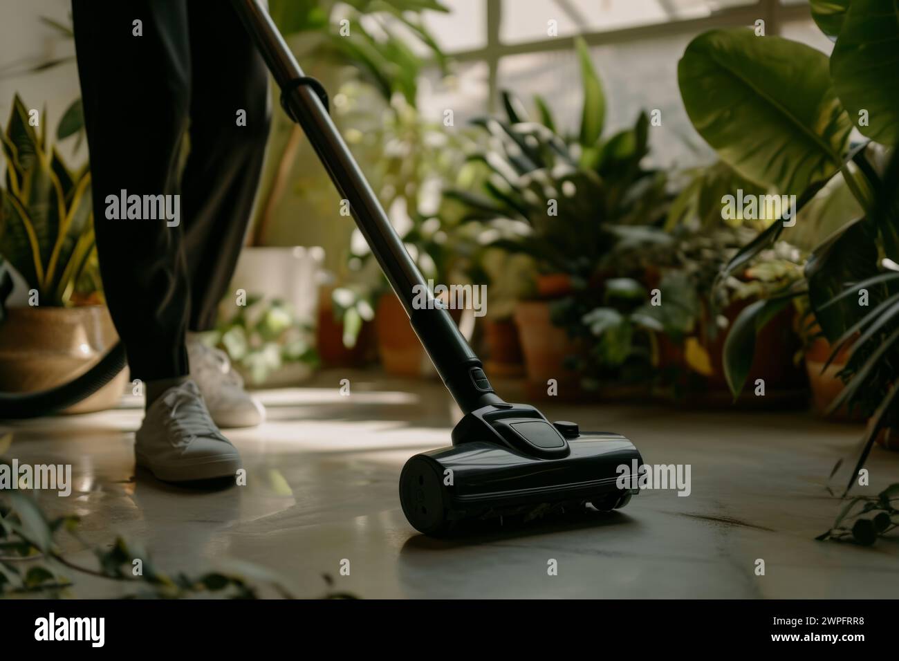 Close up one person cleaning the gardening room vacuum cleaner ...