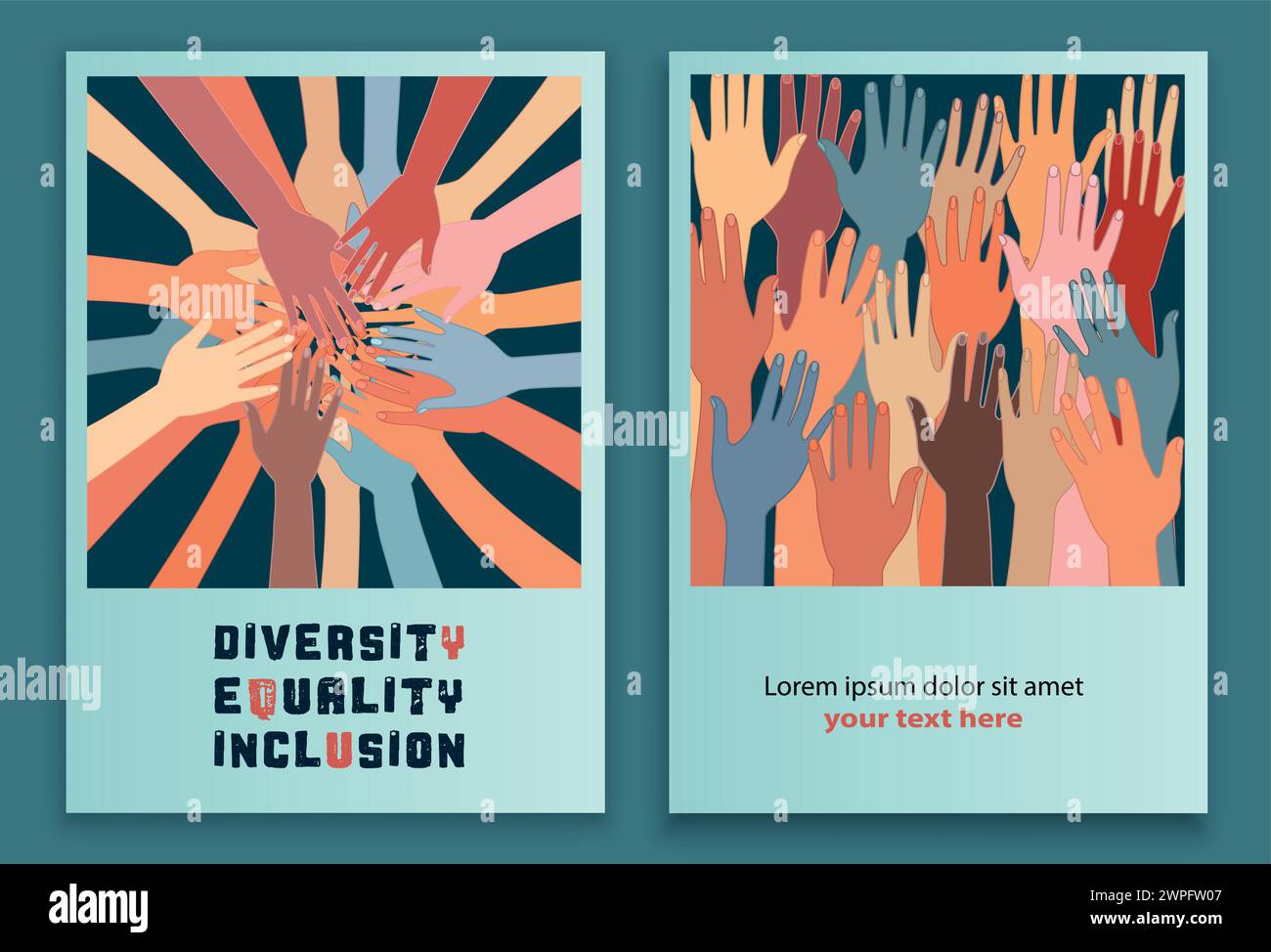 Group hands on top of each other multicultural people. Raised hands in circle. Diversity ...