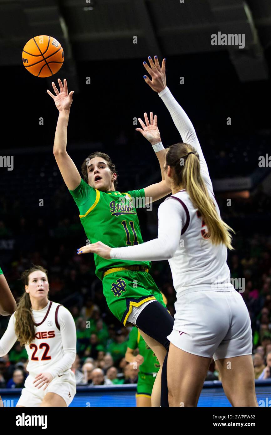 Notre Dame guard Sonia Citron (11) passes as Virginia Tech center ...