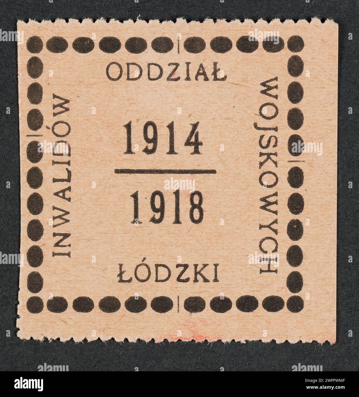 A question stamp with dates: 1914-1918 and text: Łódź branch of ...