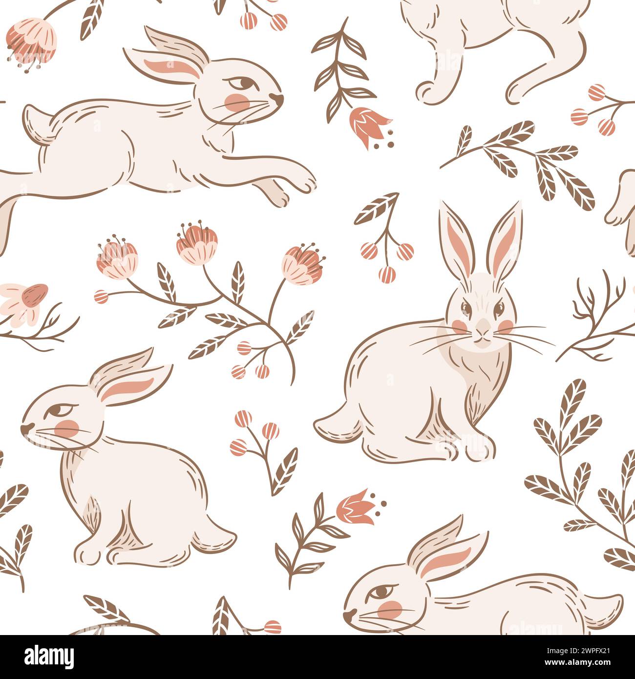 Easter running and sitting rabbits, seamless pattern. Vintage Blooming ...