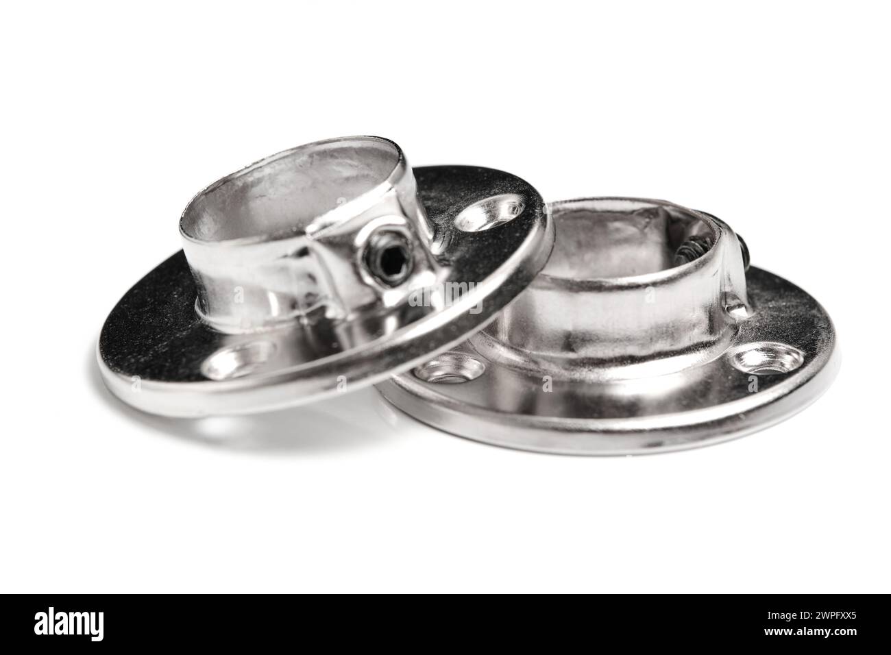 Two flanges for fixing pipe. On white background Stock Photo - Alamy
