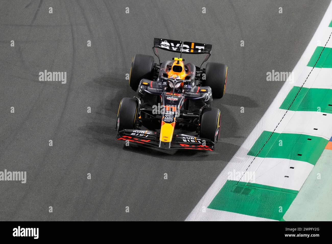 Red Bull driver Sergio Perez of Mexico steers his car during the second practice session ahead ...