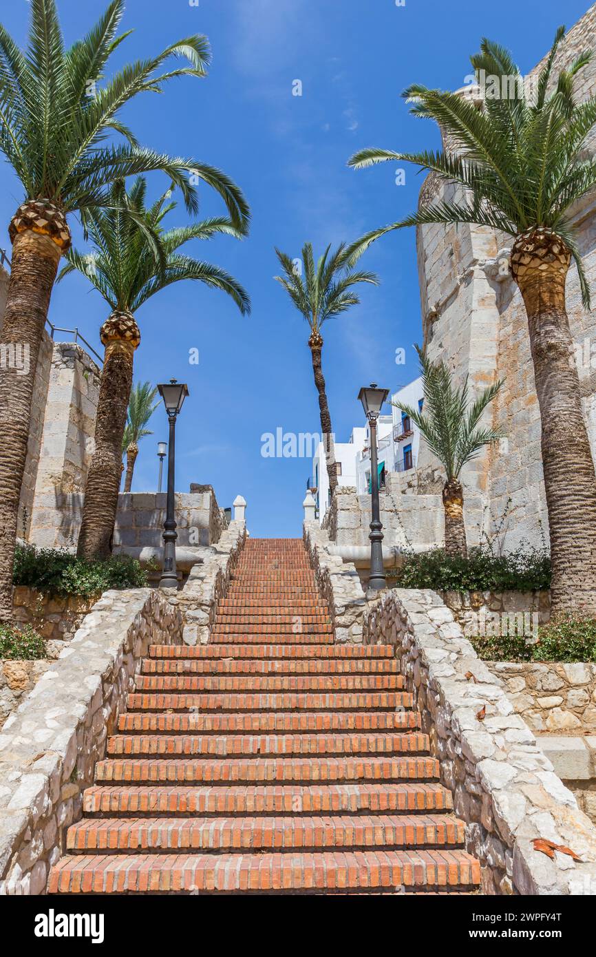 Stairs leading up to the historic town of Peniscola, Spain Stock Photo ...