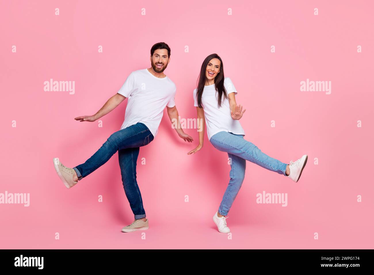 Full length photo of lovely young couple dancing have fun discotheque ...