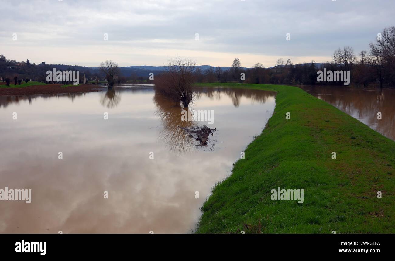 Completely flooded fields after the river overflowed due to climate ...