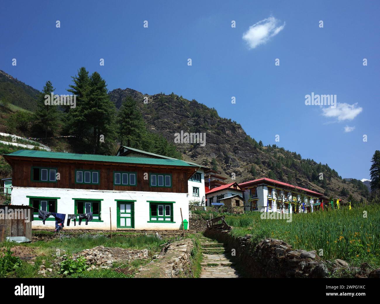 Traditional nepali houses and walking narrow street in Junbesi sherpa ...