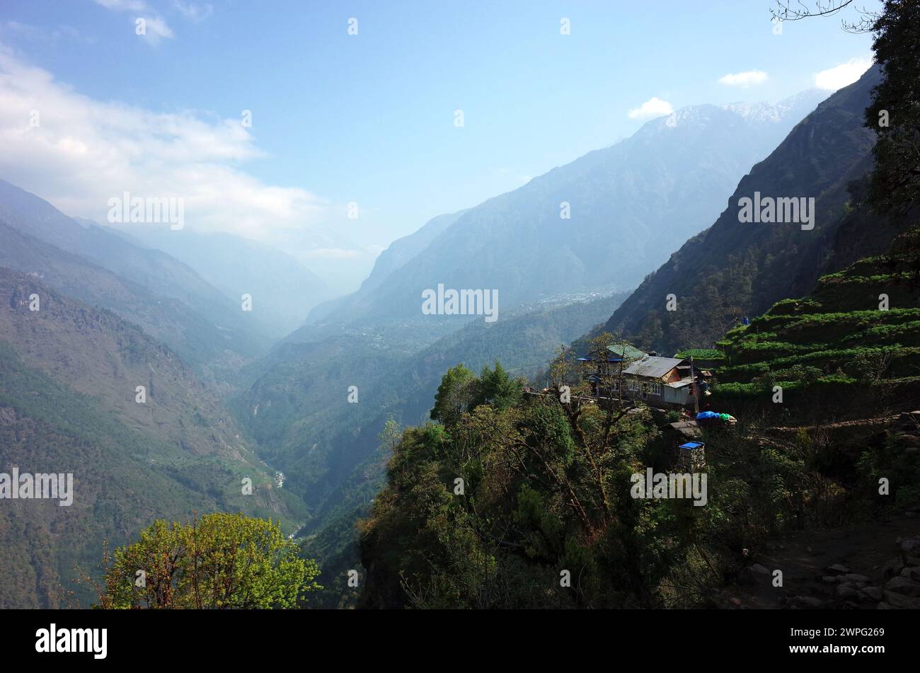 Mountain landscape with small house. View of Dudh Koshi valley near ...