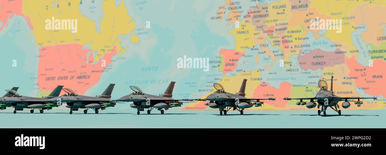 Precision lineup of advanced fighter jets on a stylized map, showcasing ...