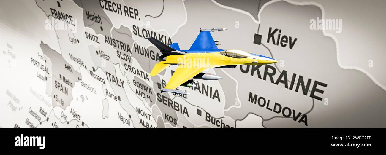 Dynamic fighter jet painted in striking colors against the backdrop of ...