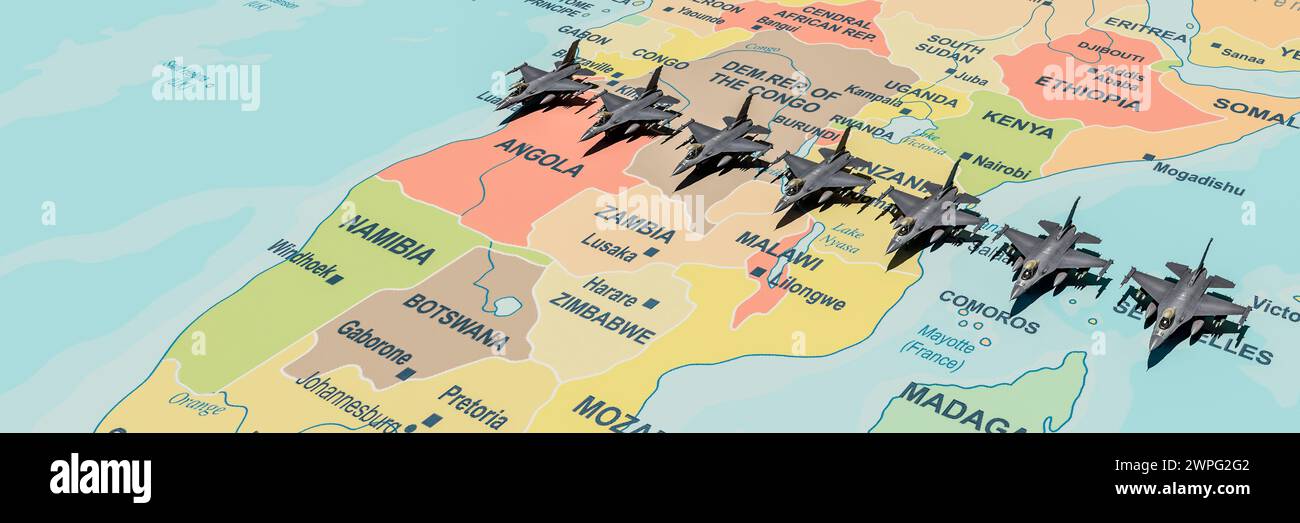 Fighter jets in flight formation over a colorful map of Africa, with ...