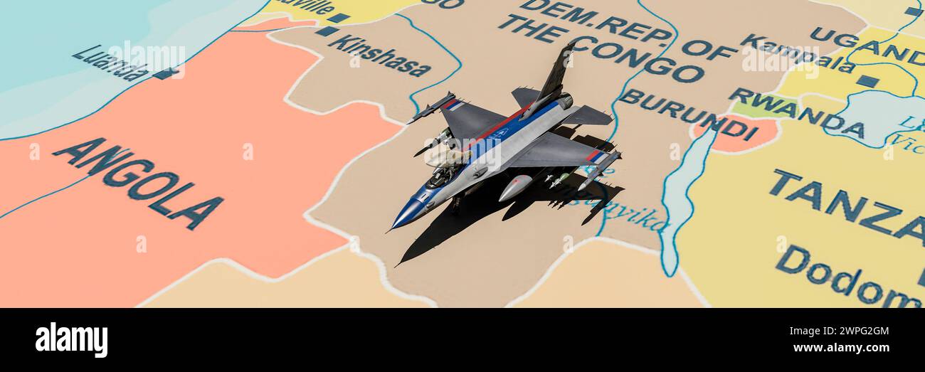 Precision Fighter Jet Soaring Over Detailed Map of Central Africa with ...