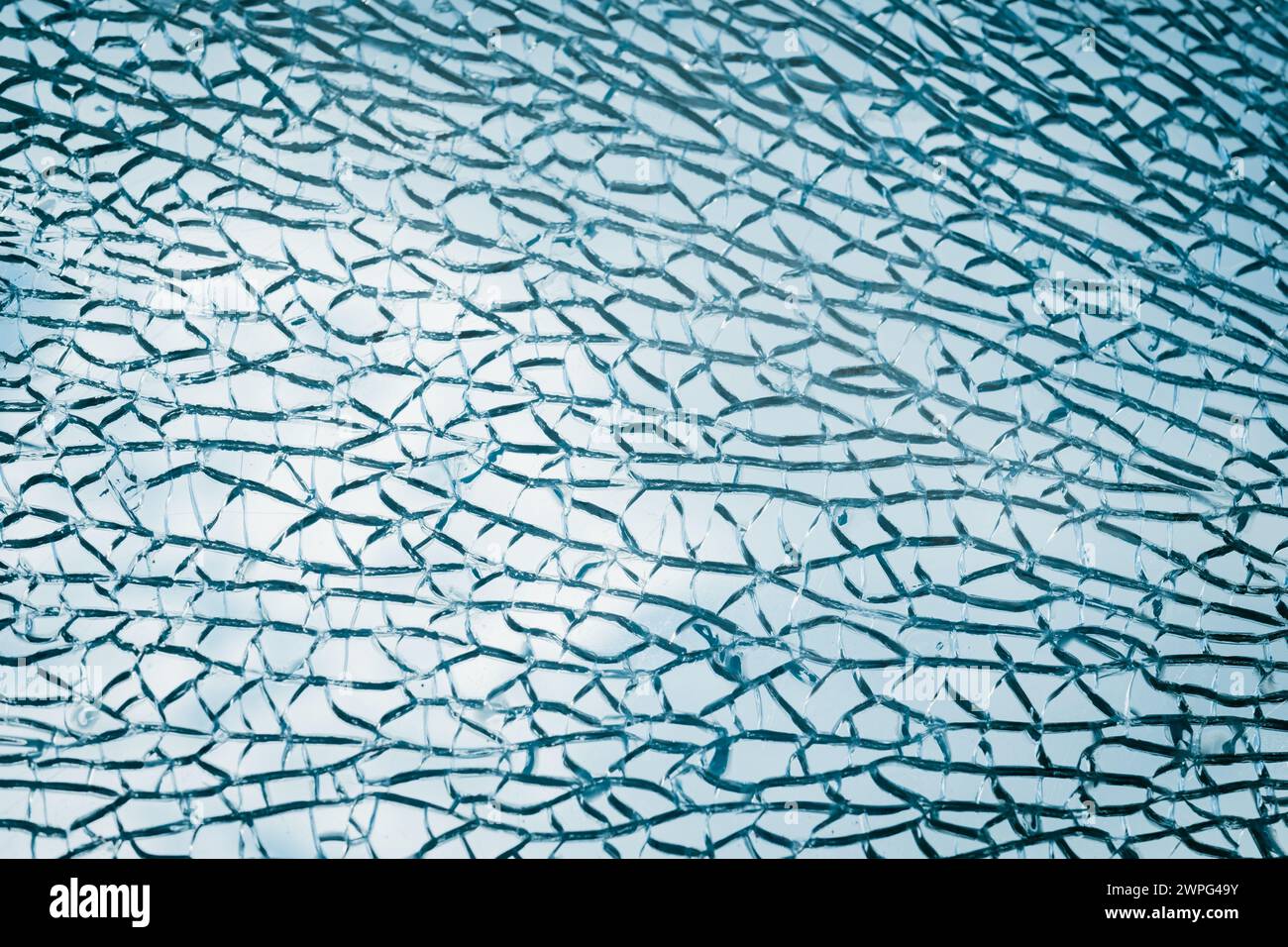 The intricate pattern of cracked safety glass fills the frame, creating ...