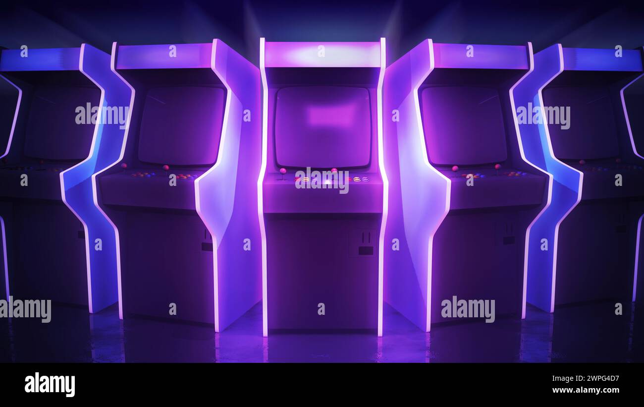 Arcade game machines in a row. 3D illustration background with a neon ...