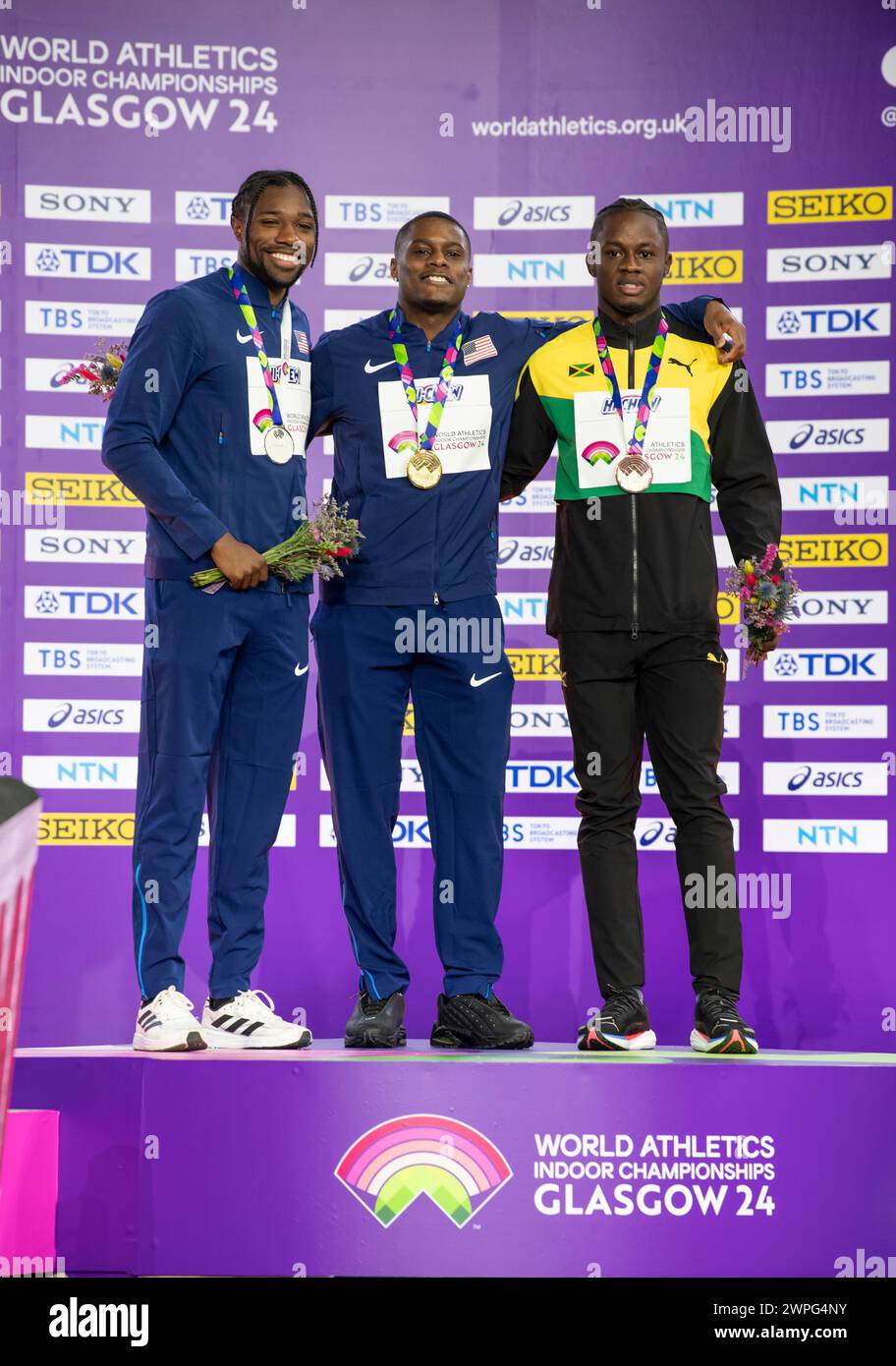 Noah Lyles and Christian Coleman of the USA and Ackeem Blake of Jamaica ...