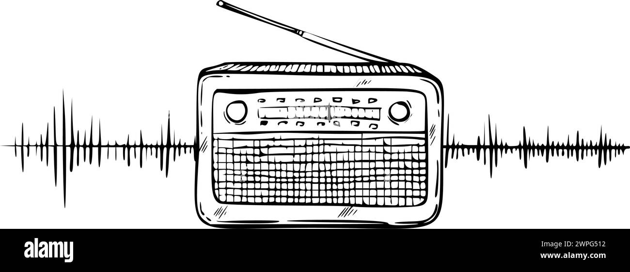 Radio vector illustration. Hand drawn linear drawing of FM tuner with ...