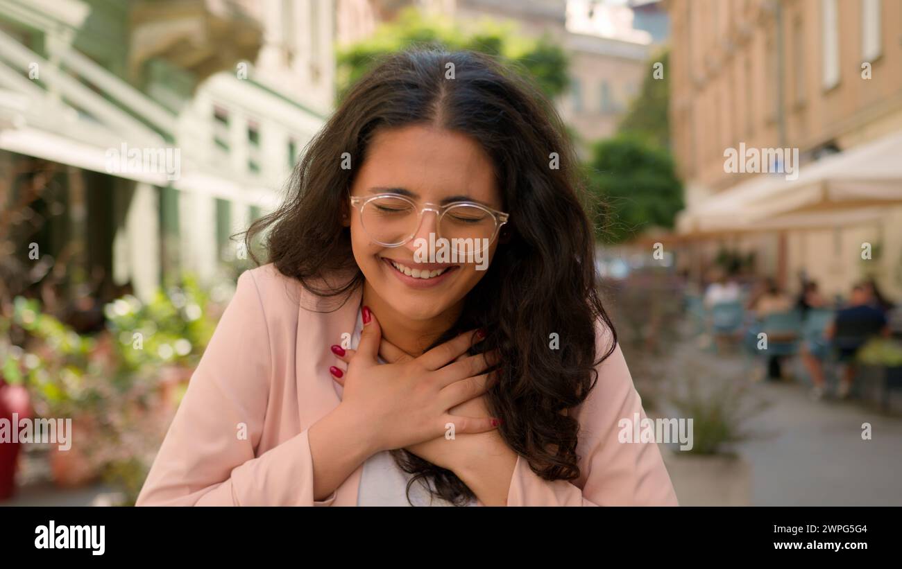 Laughing joke toothy smiling cheerful happy woman Indian Arabian female ...
