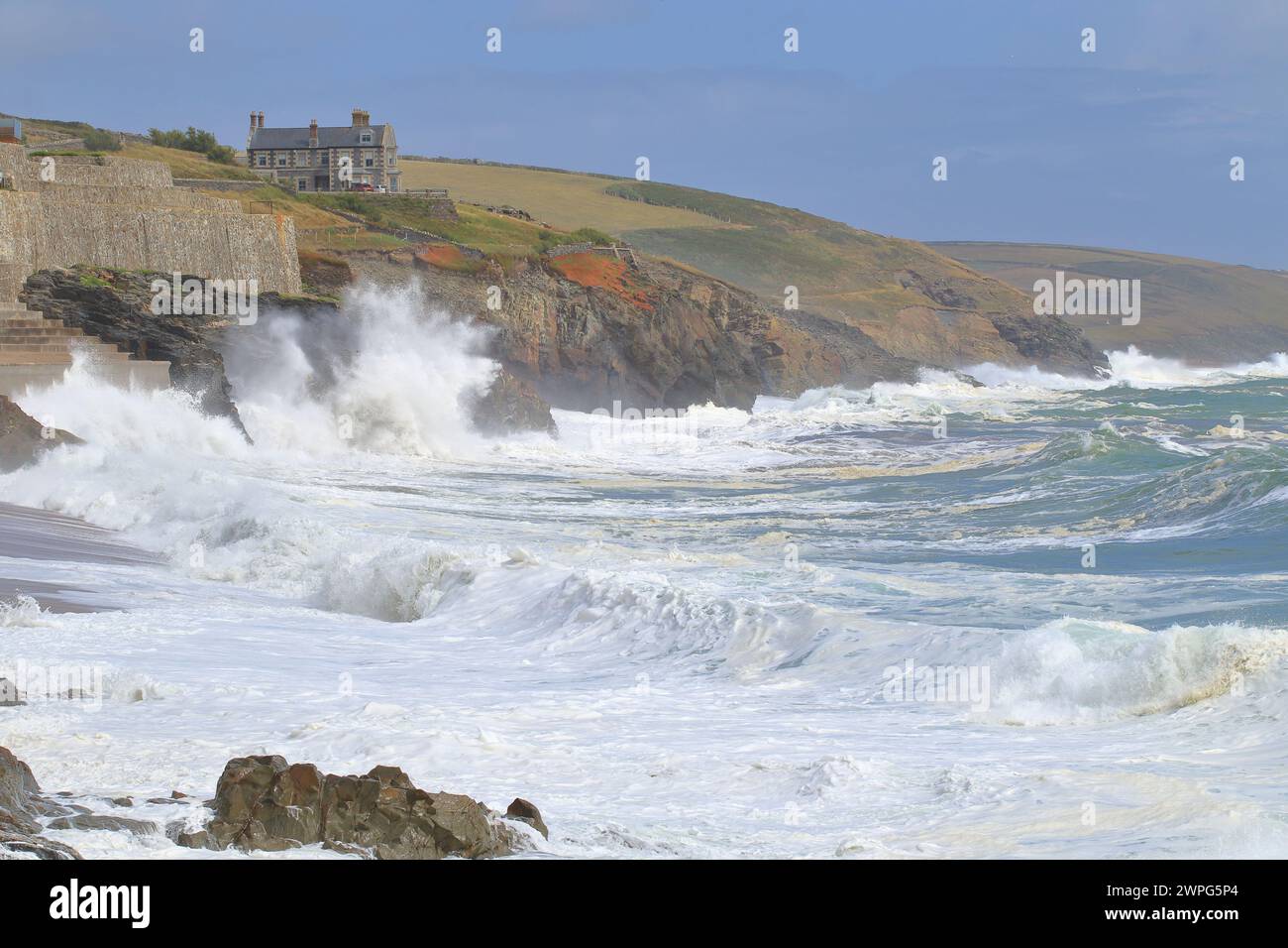 Overlooking Porthleven beach, Cornwall, on a stormy day July 2023 Stock ...