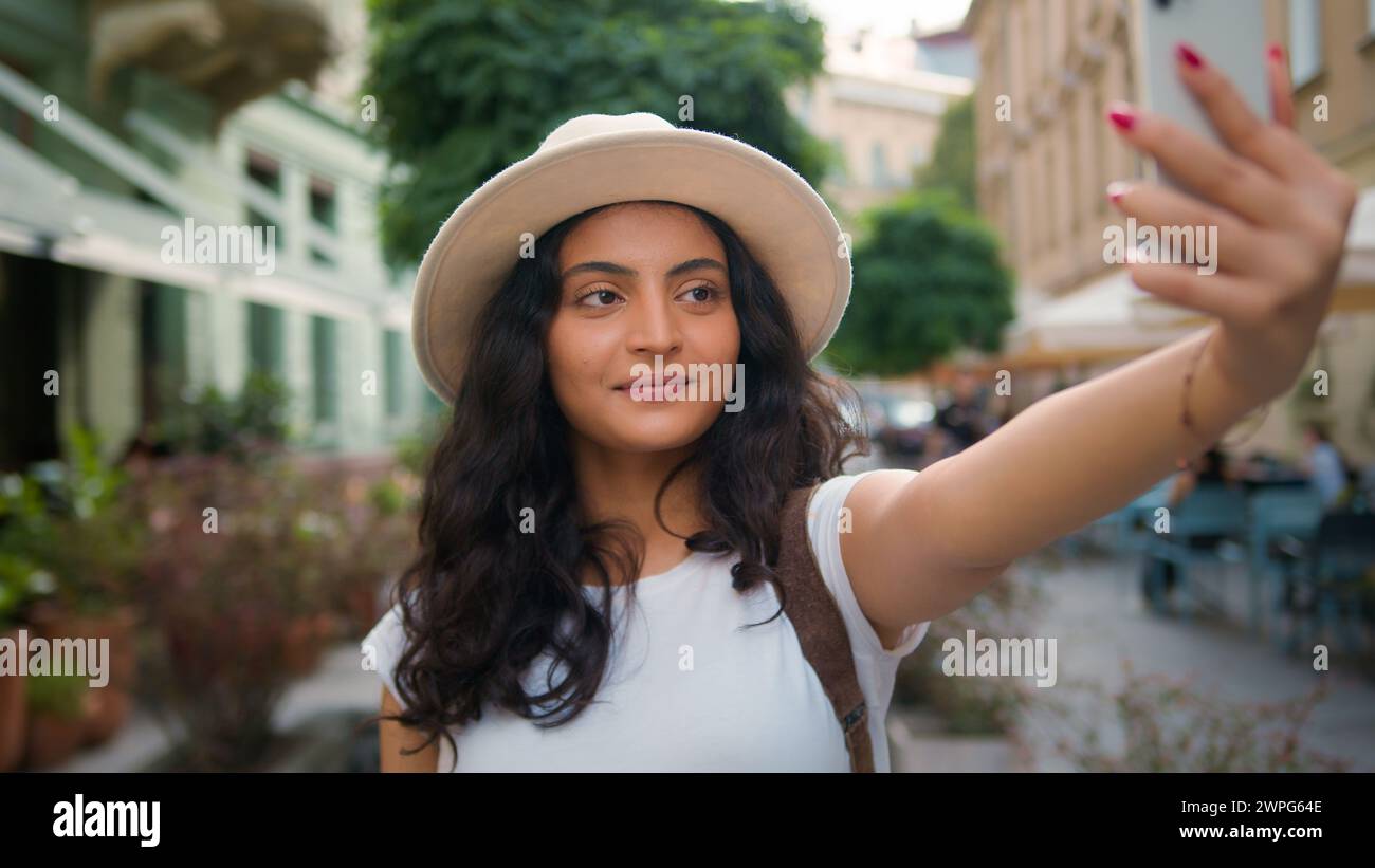 Happy smiling Indian Arabian ethnic woman girl female student tourist ...
