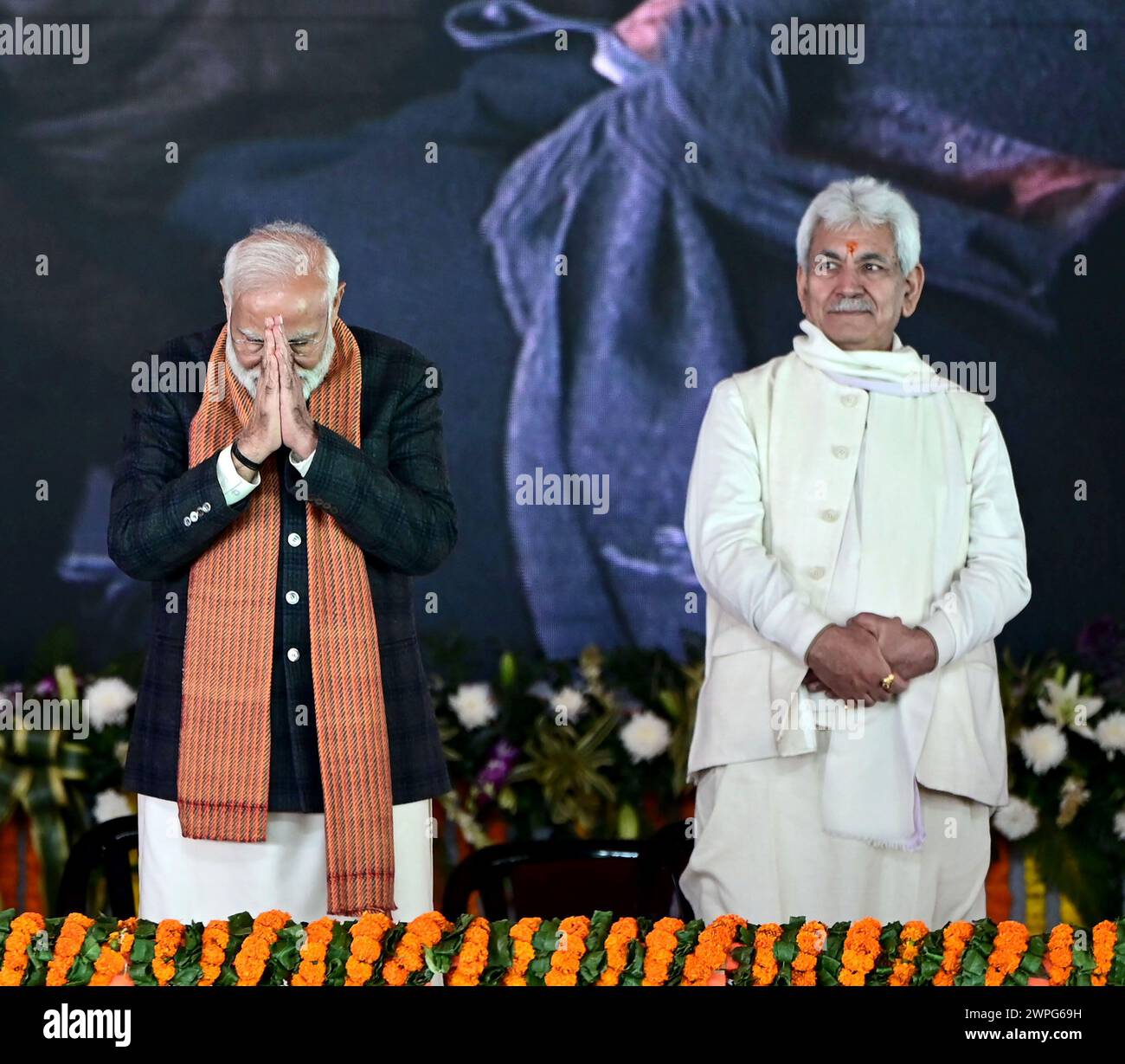 SRINAGAR, INDIA - MARCH 7: Prime Minister Narendra Modi greets at a ...