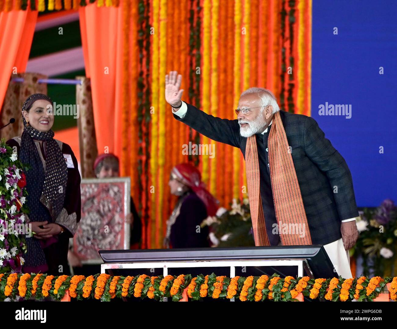 SRINAGAR, INDIA - MARCH 7: Prime Minister Narendra Modi waves at a ...