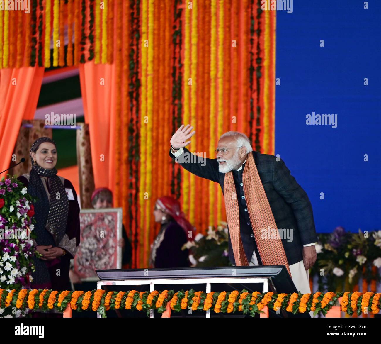 SRINAGAR, INDIA - MARCH 7: Prime Minister Narendra Modi waves at a ...