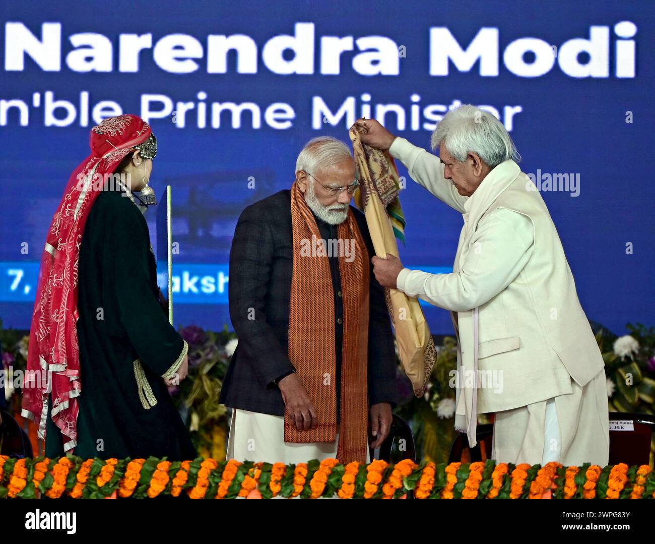 SRINAGAR, INDIA - MARCH 7: Prime Minister Narendra Modi being felicitated by Jammu and Kashmir ...