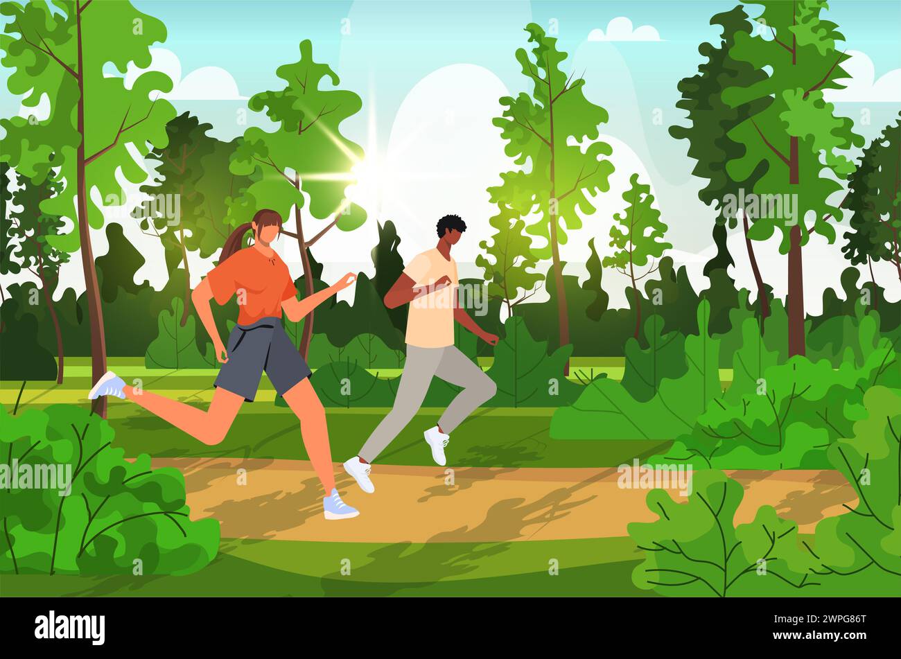 Man and woman is engaged in running around in the park. Morning jogging ...