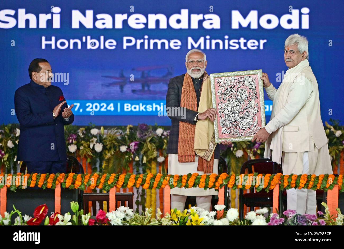 SRINAGAR, INDIA - MARCH 7: Prime Minister Narendra Modi being felicitated by Jammu and Kashmir ...