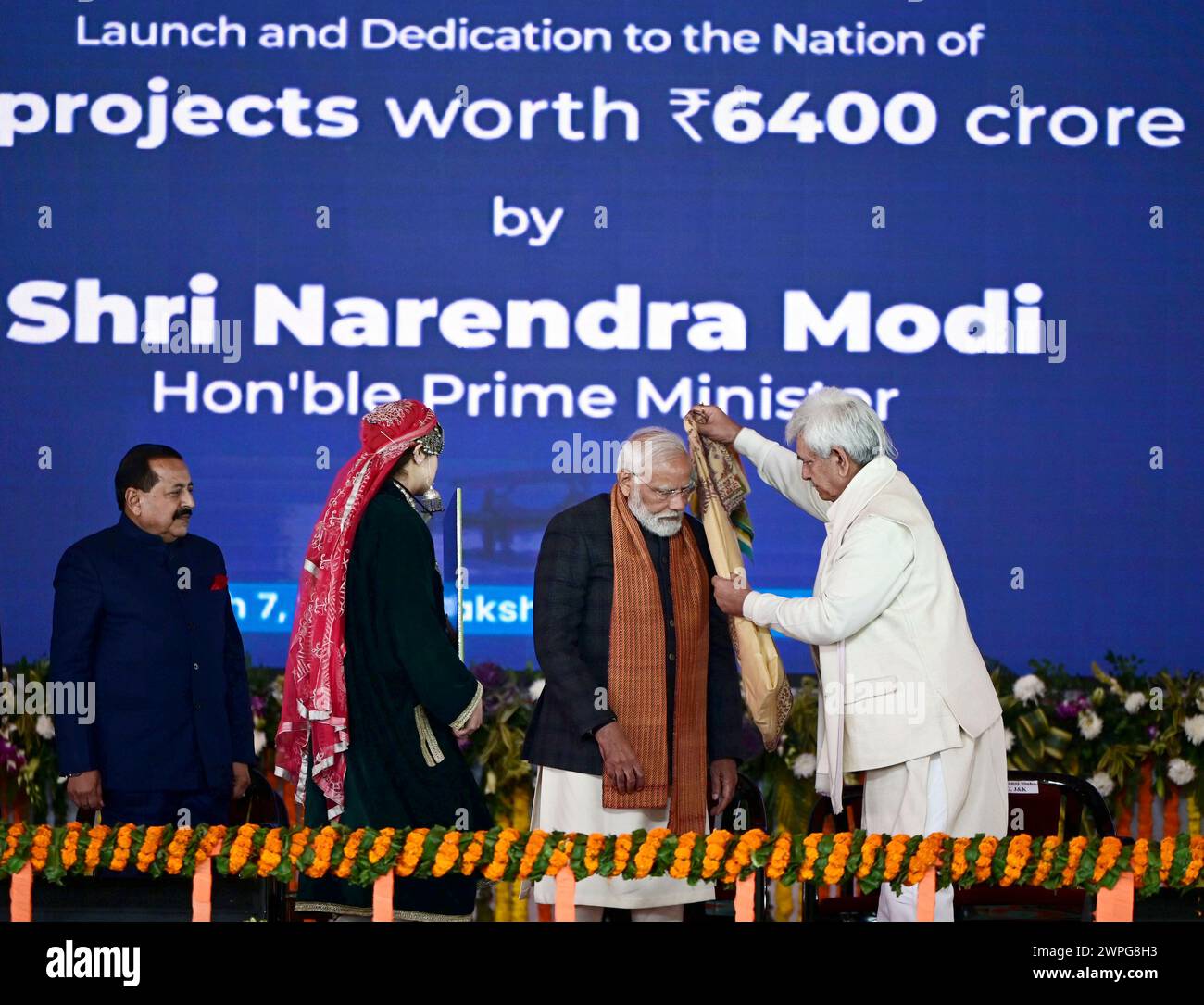 SRINAGAR, INDIA - MARCH 7: Prime Minister Narendra Modi being felicitated by Jammu and Kashmir ...