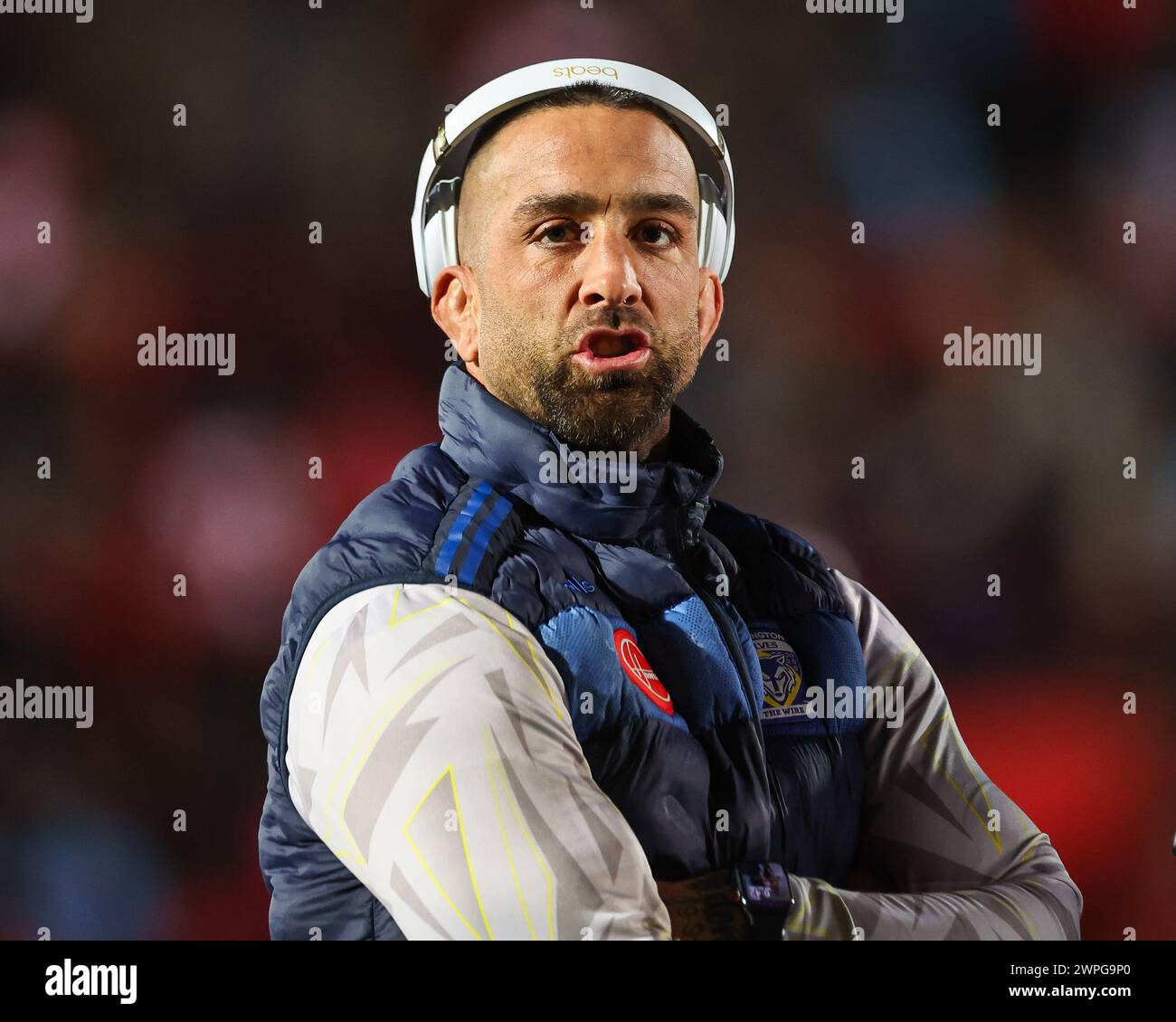 Paul Vaughan of Warrington Wolves arrives ahead of the Betfred Super ...