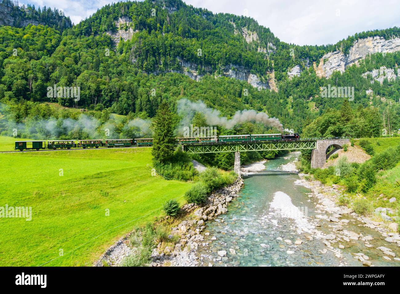 steam train on the Sporenegg Bridge of Bregenz Forest Railway ...