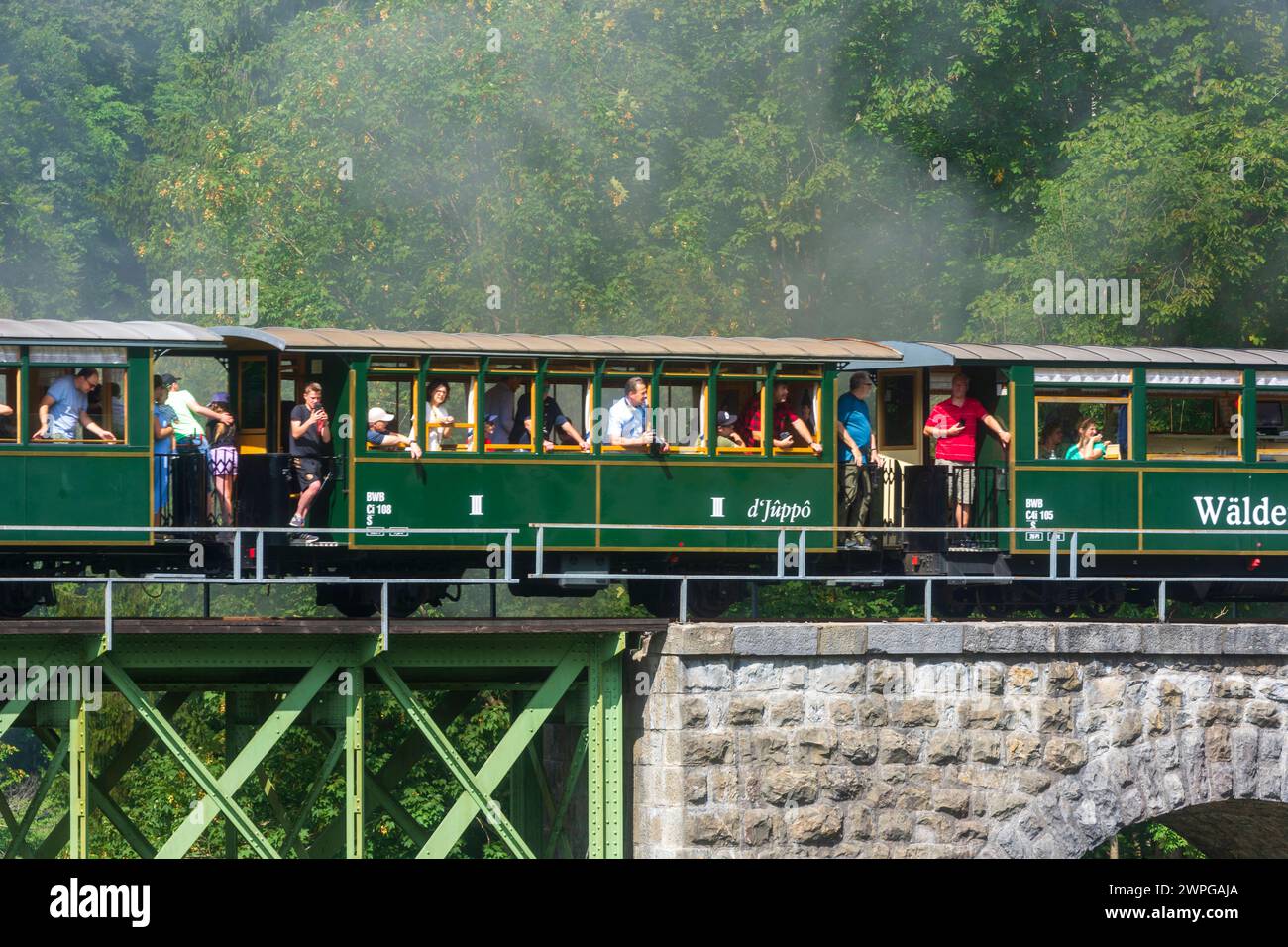 steam train on the Sporenegg Bridge of Bregenz Forest Railway ...