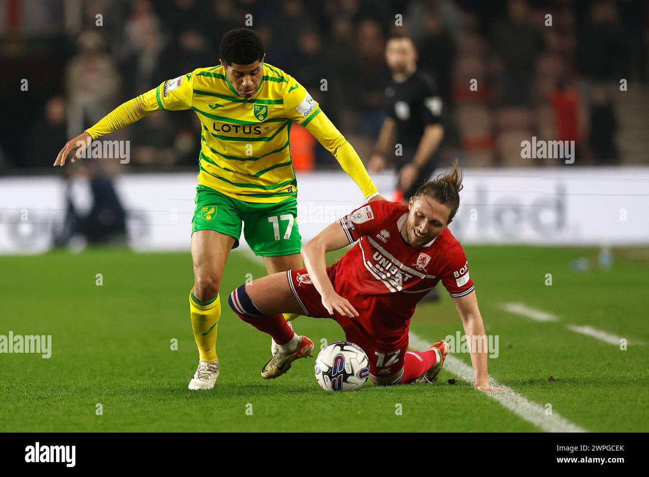 Luke Ayling of Middlesbrough battles with Norwich City's Gabriel Sara ...