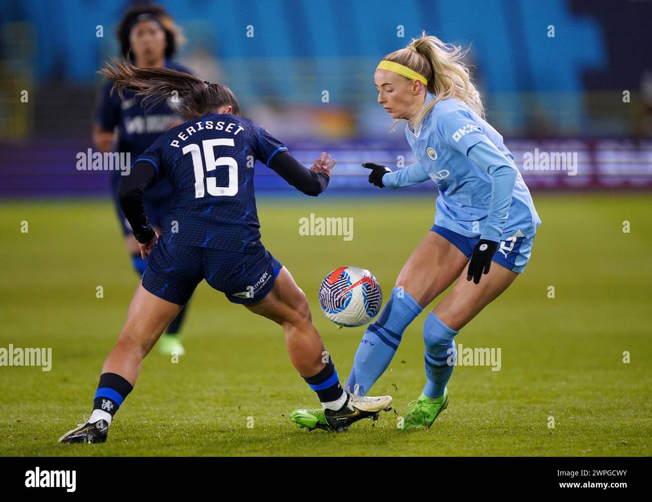 Manchester City's Chloe Kelly (right) takes on Chelsea's Eve Perisset ...