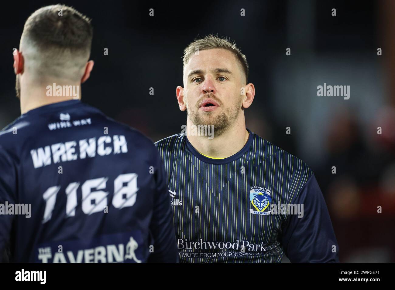 Matt Dufty of Warrington Wolves during pre match warm up ahead of the ...