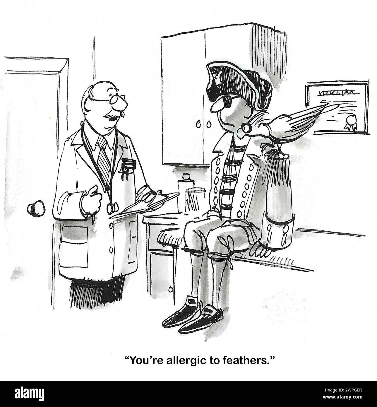 BW cartoon of a pirate at the doctor's office. He is allergic to his ...