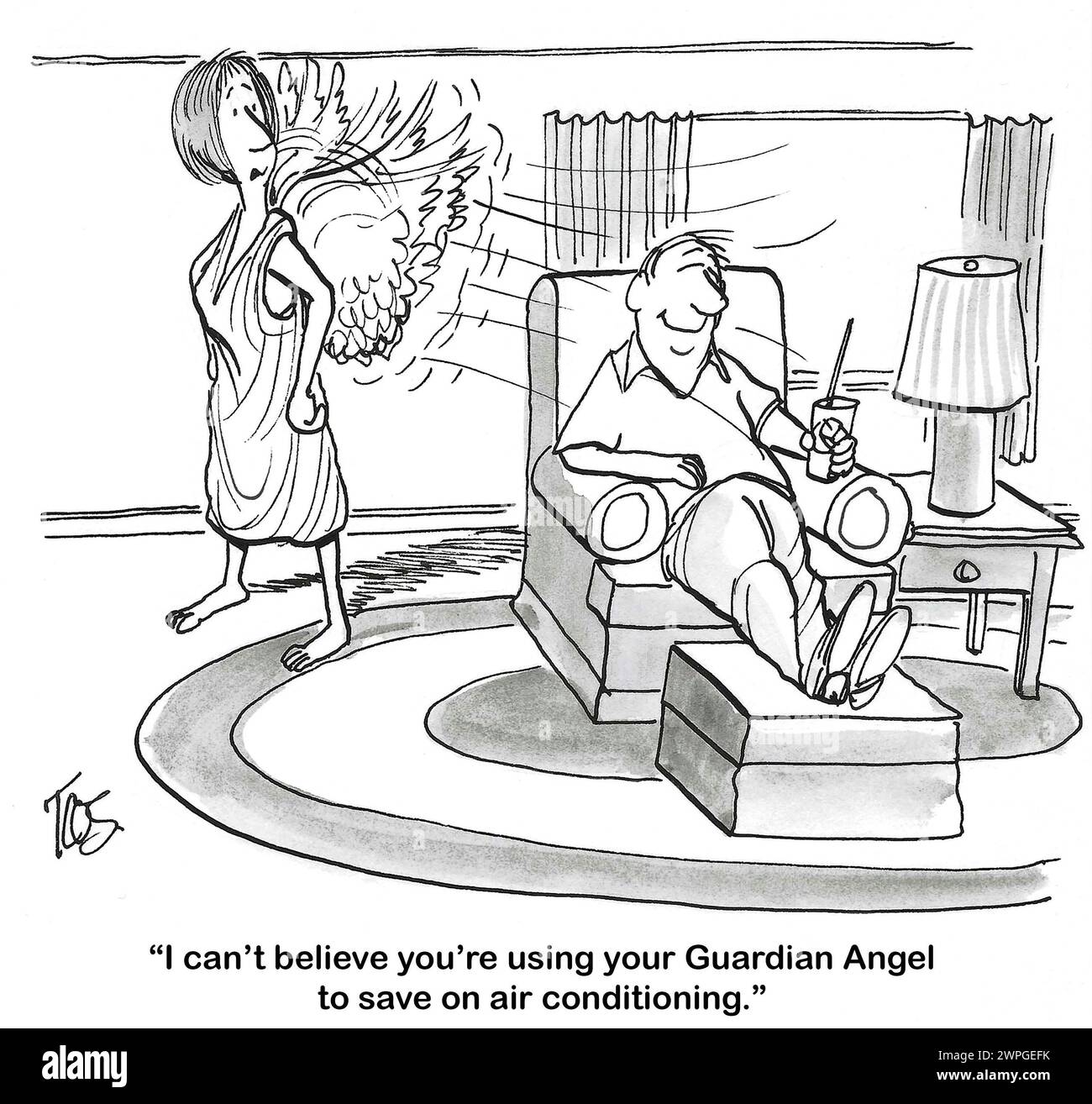 BW cartoon of a man using his Guardian Angel as an air conditioner ...