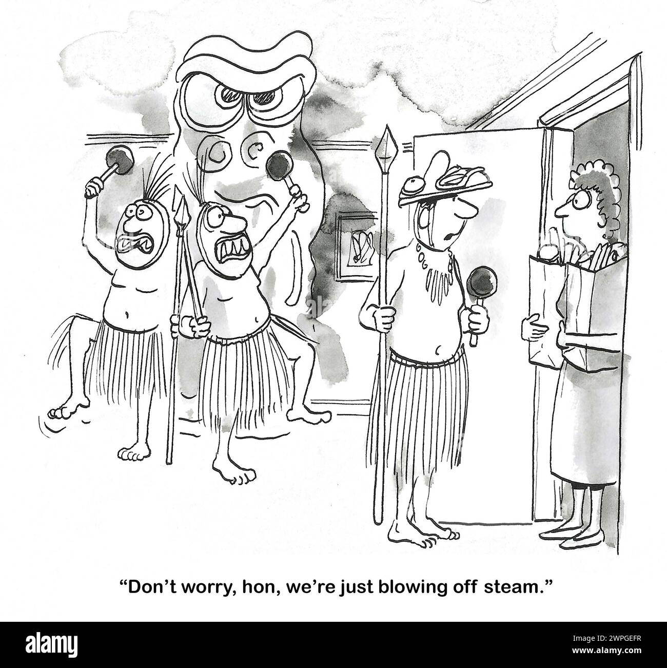 BW cartoon of men dressed like savages, surprising the man's wife Stock ...