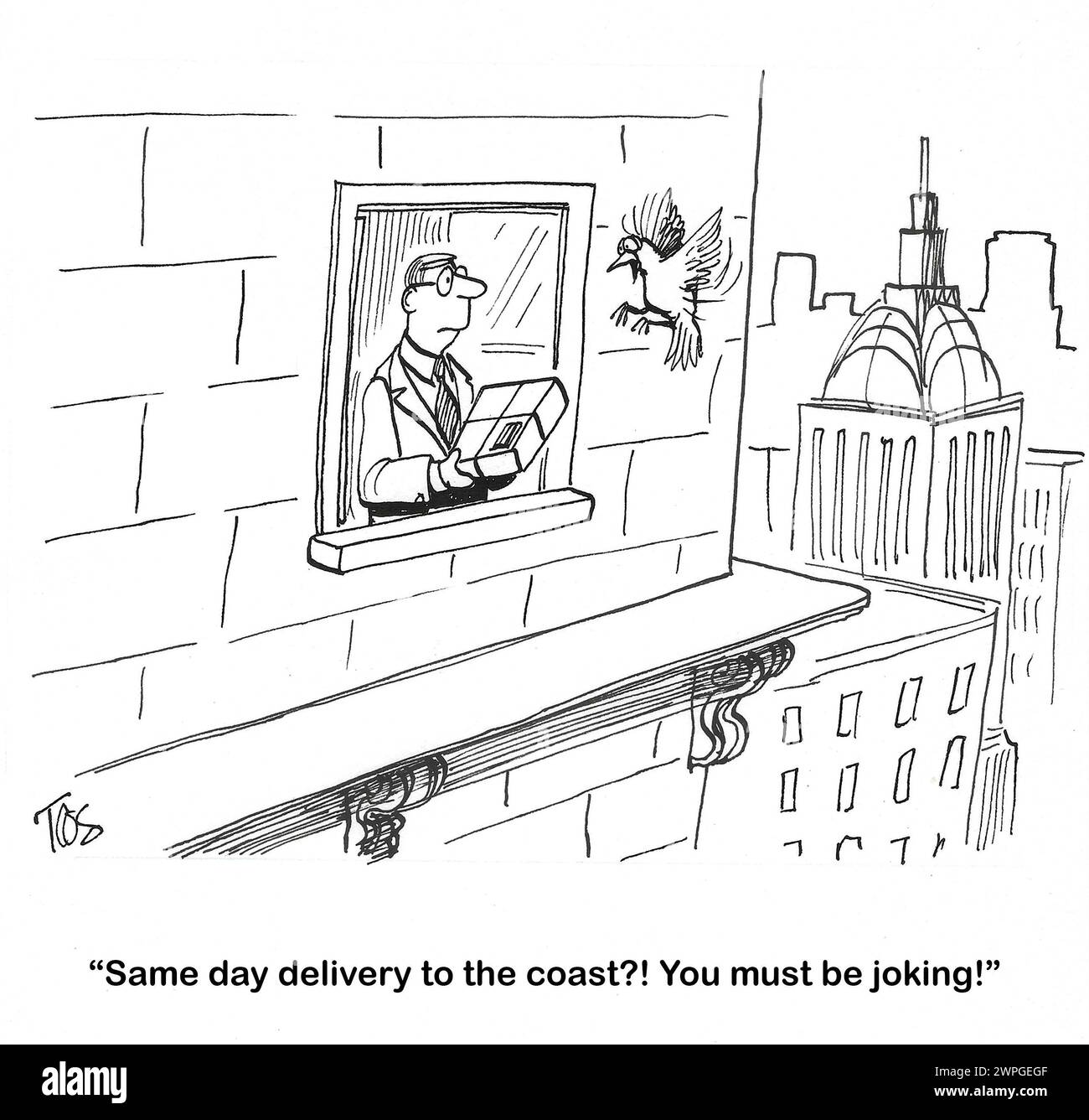 BW cartoon of a carrier pigeon balking at the time delivery request ...