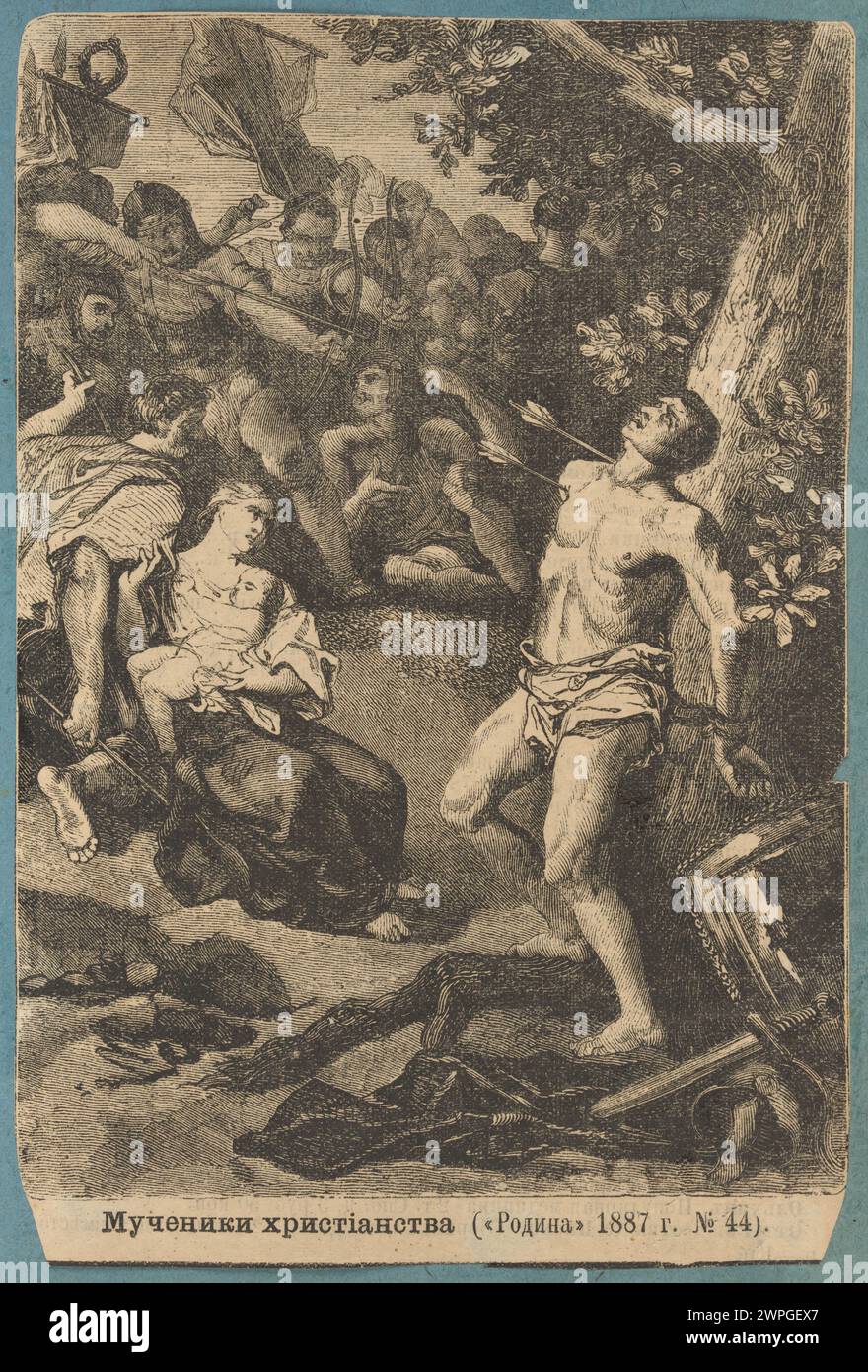 Artwork depicting Saint Sebastian, Christian martyr, shown tied and ...