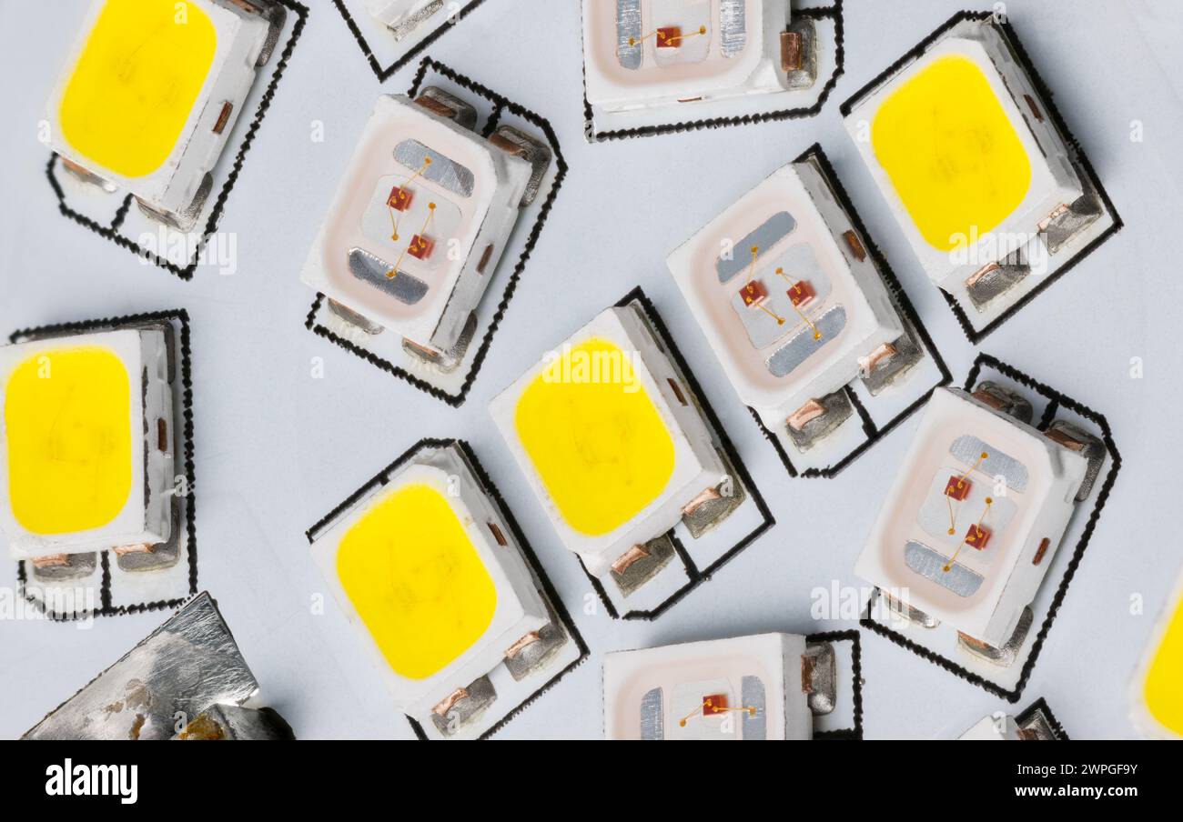 Closeup Of Light Emitting Diodes On Electronic Led Circuit Inside An Electric Household Lamp On