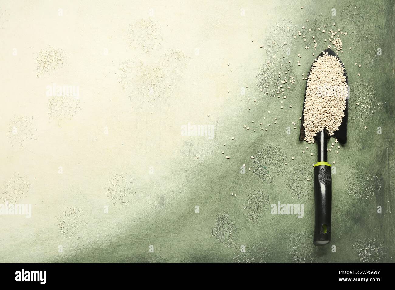 Gardening shovel with granular fertilizer on grey grunge background ...