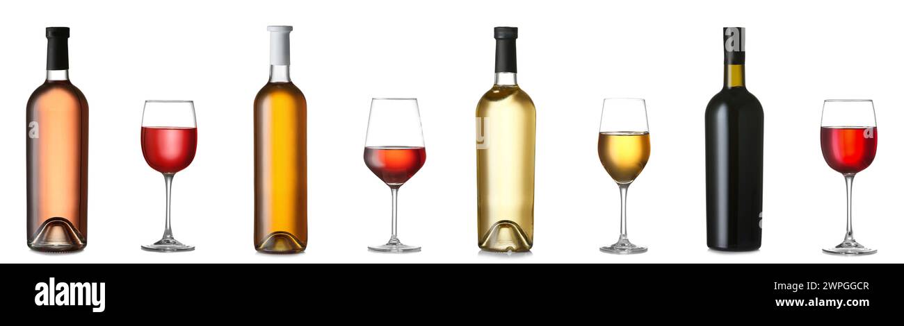 Collage of bottles and glasses of wine on white background Stock Photo ...