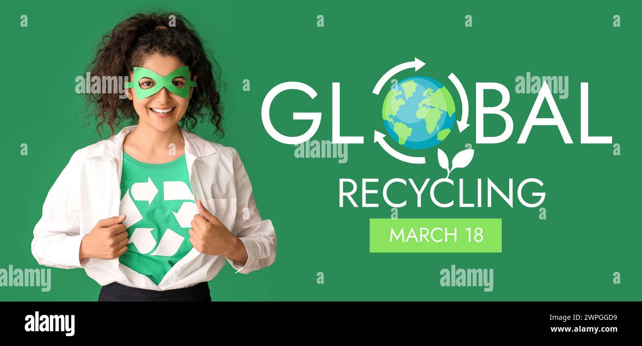 Banner for Global Recycling Day with woman dressed as eco superhero ...